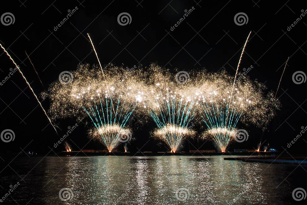 Firework Display for Celebration Over the Sea Stock Image - Image of ...