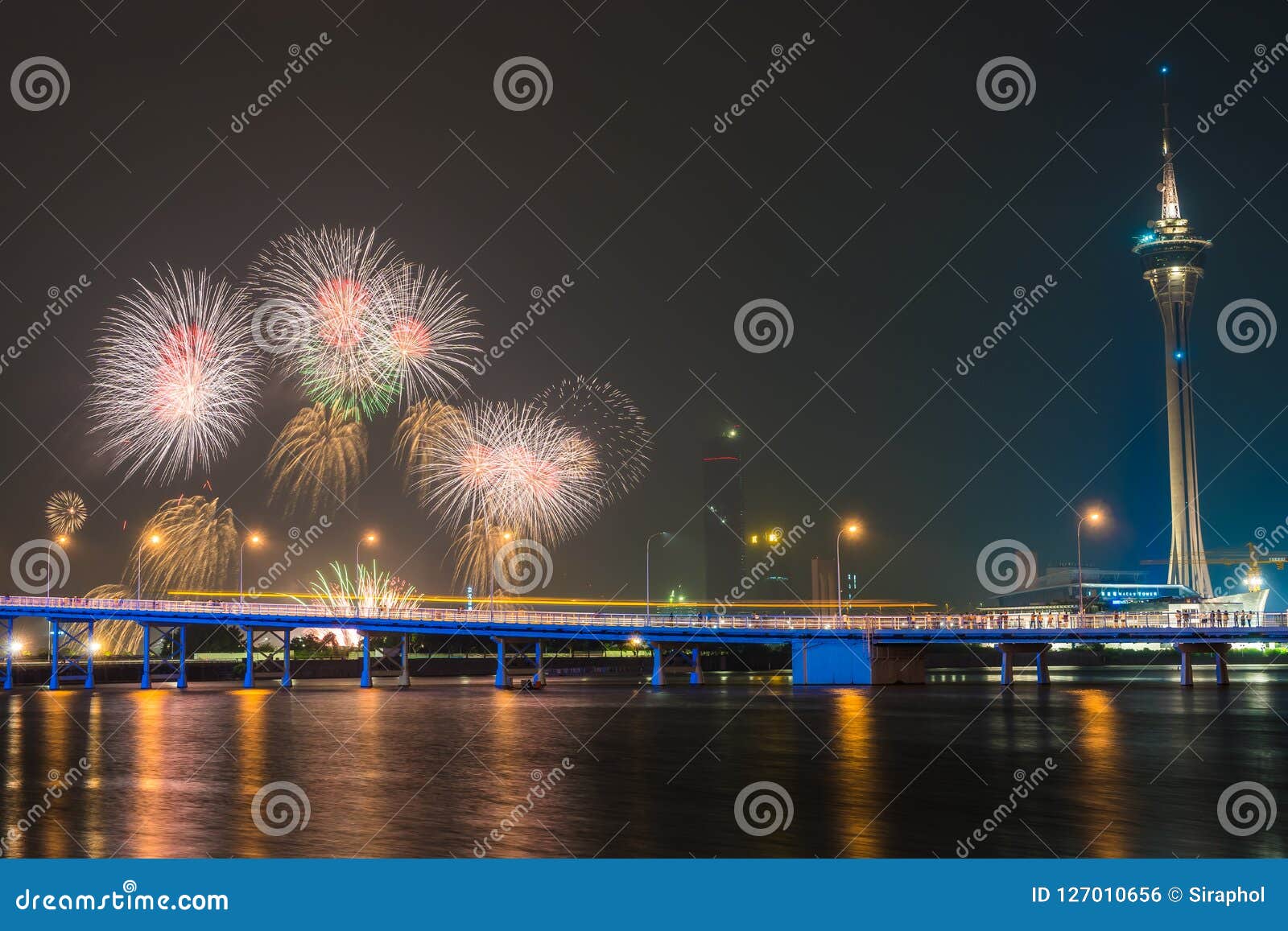 Beautiful Firework with Macau Tower is Landmark of Macau City Editorial ...