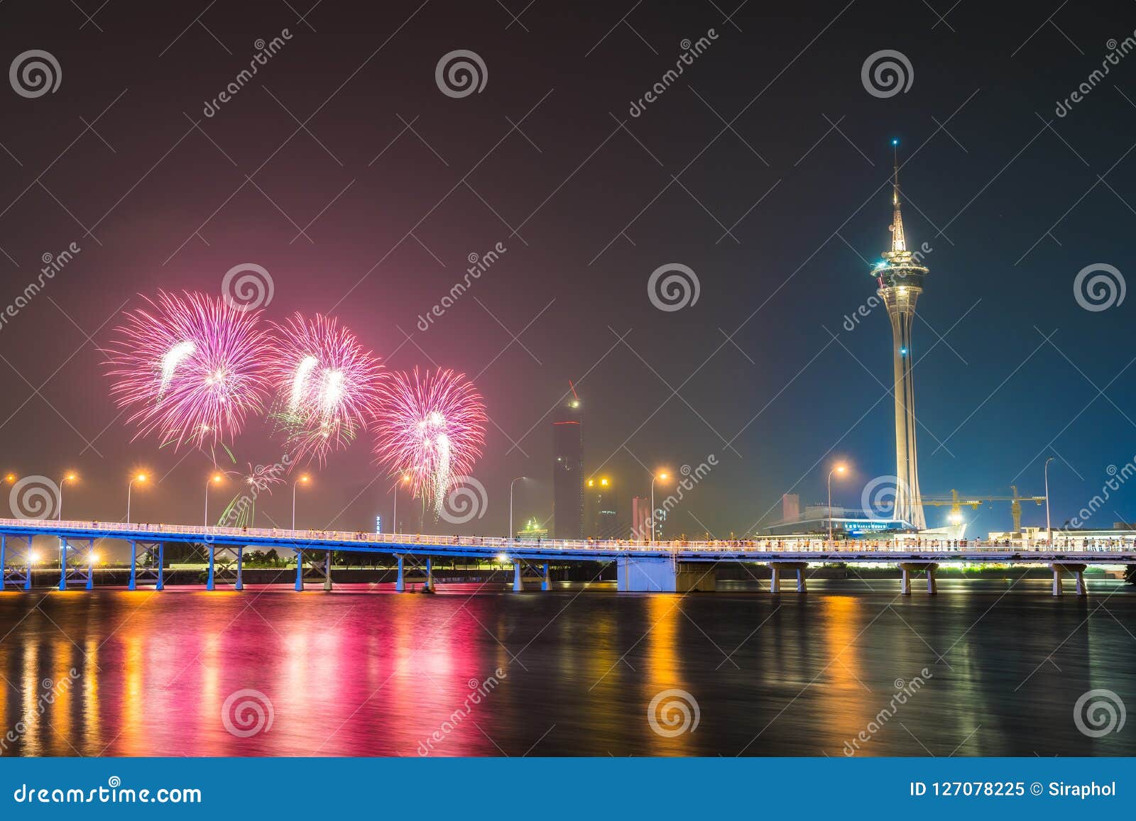 Beautiful Firework with Macau Tower is Landmark of Macau City Editorial ...