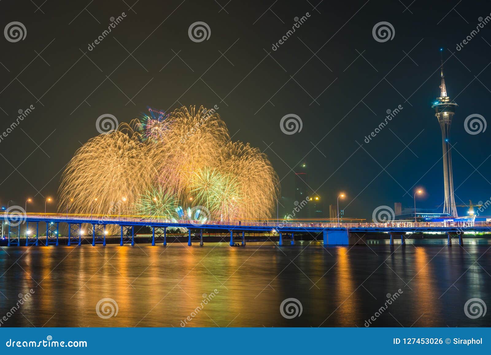 Beautiful Firework with Macau Tower is Landmark of Macau City Editorial ...