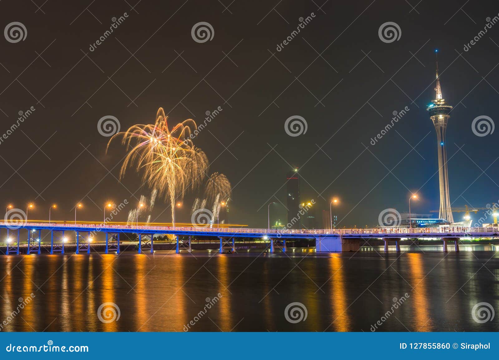 Beautiful Firework with Macau Tower is Landmark of Macau City Editorial ...