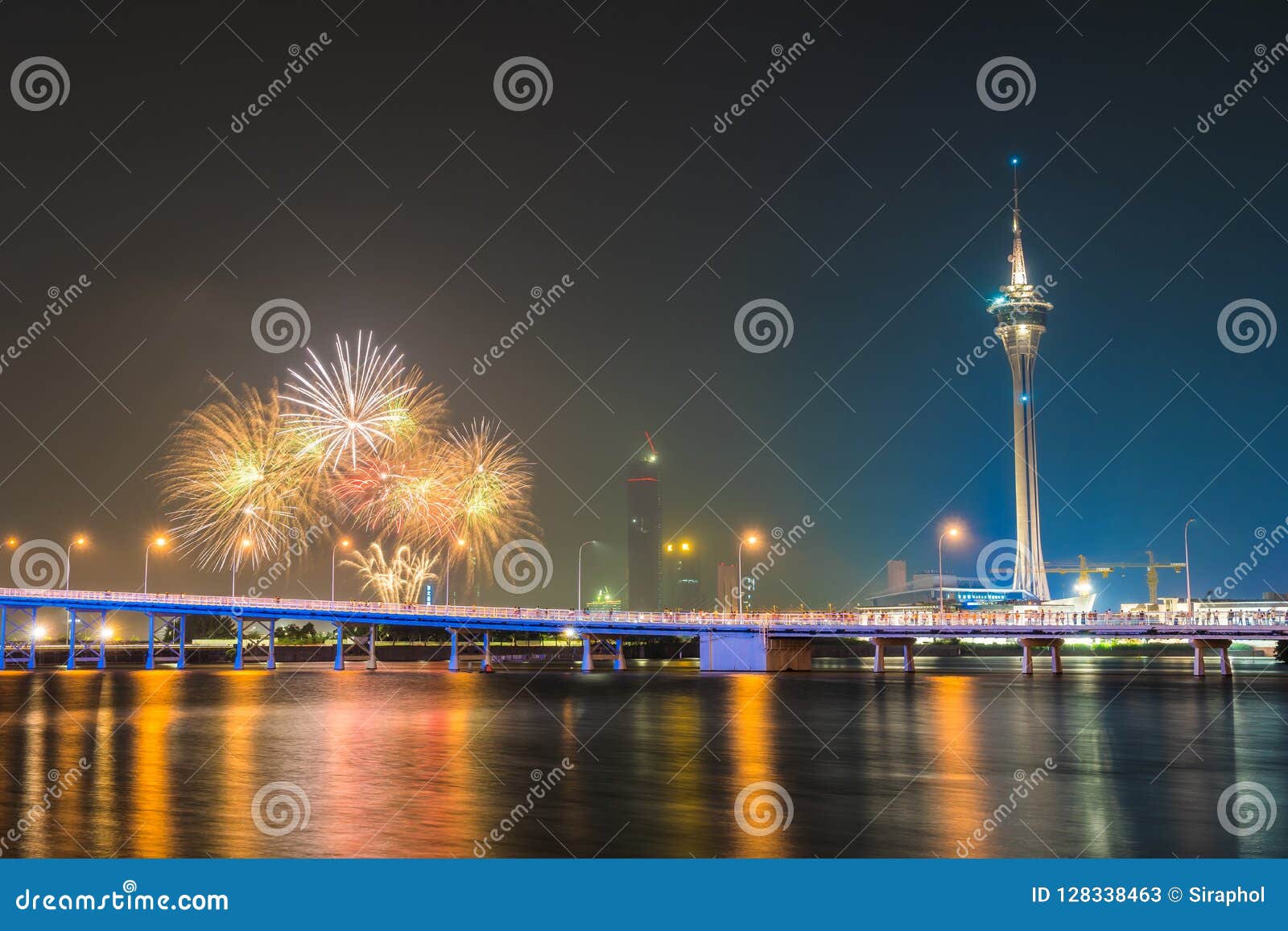 Beautiful Firework with Macau Tower is Landmark of Macau City Editorial ...