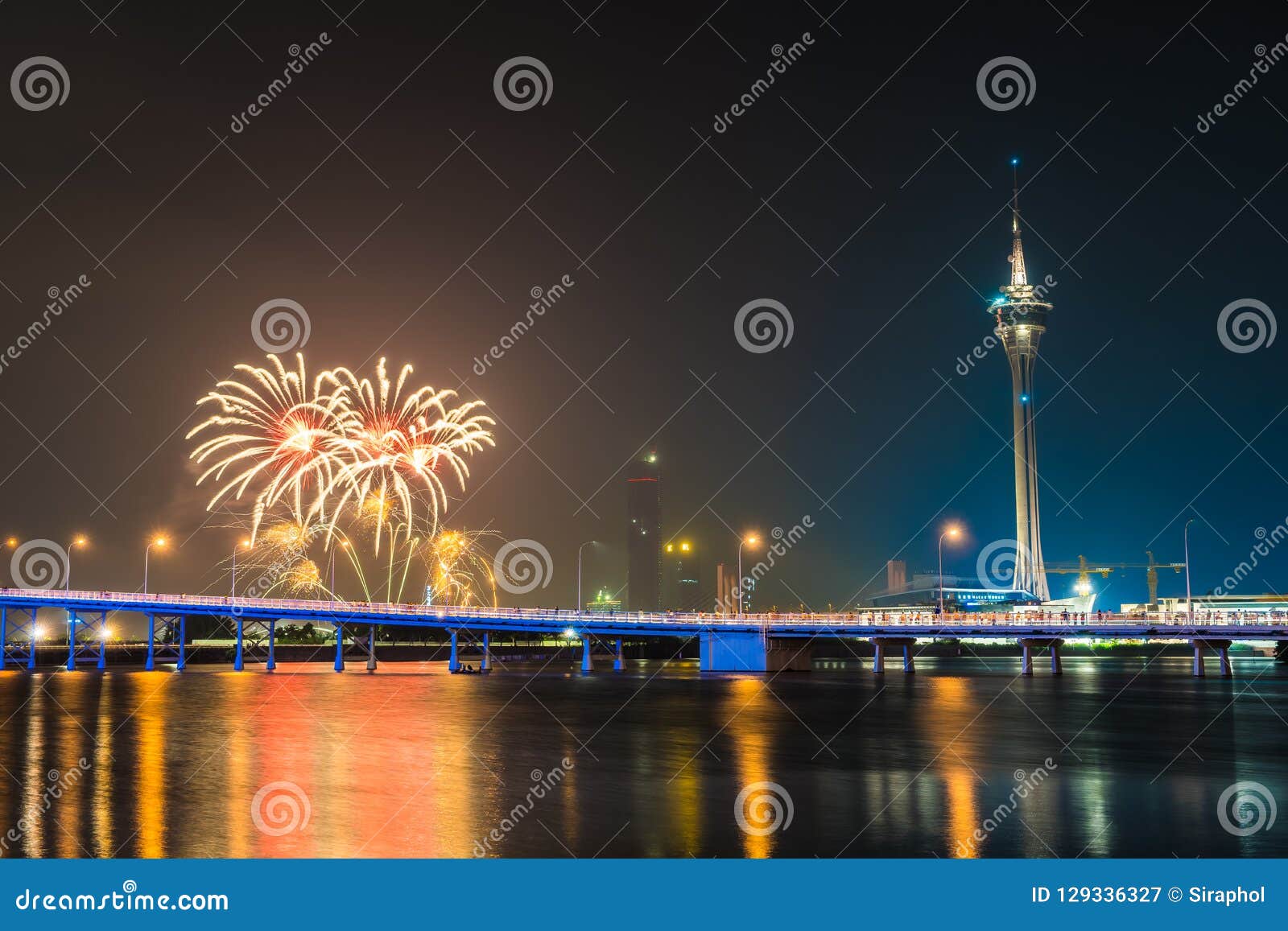 Beautiful Firework with Macau Tower is Landmark of Macau City Editorial ...