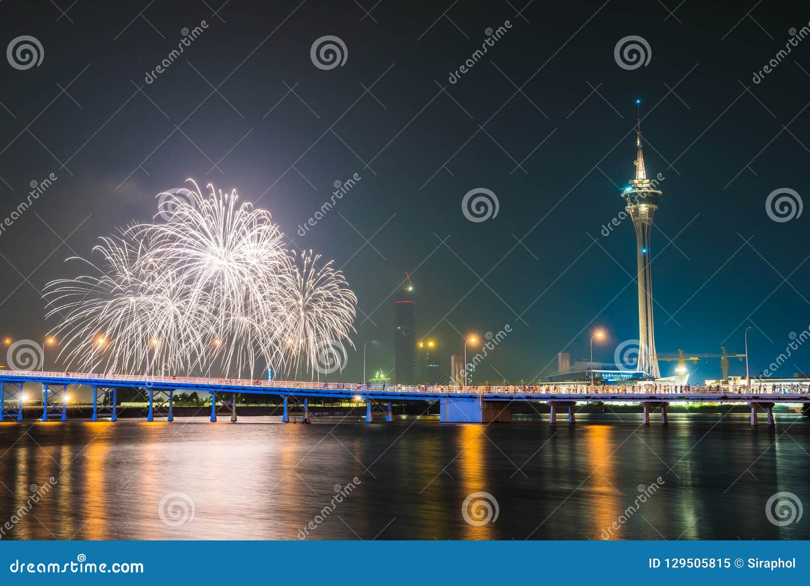 Beautiful Firework with Macau Tower is Landmark of Macau City Stock ...