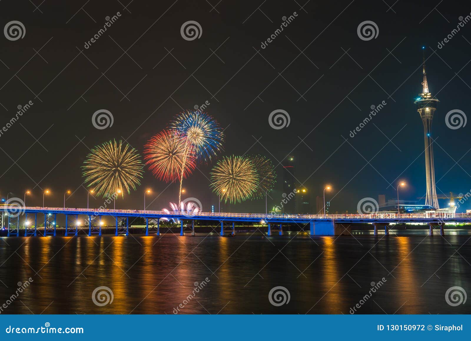 Beautiful Firework with Macau Tower is Landmark of Macau City Editorial ...