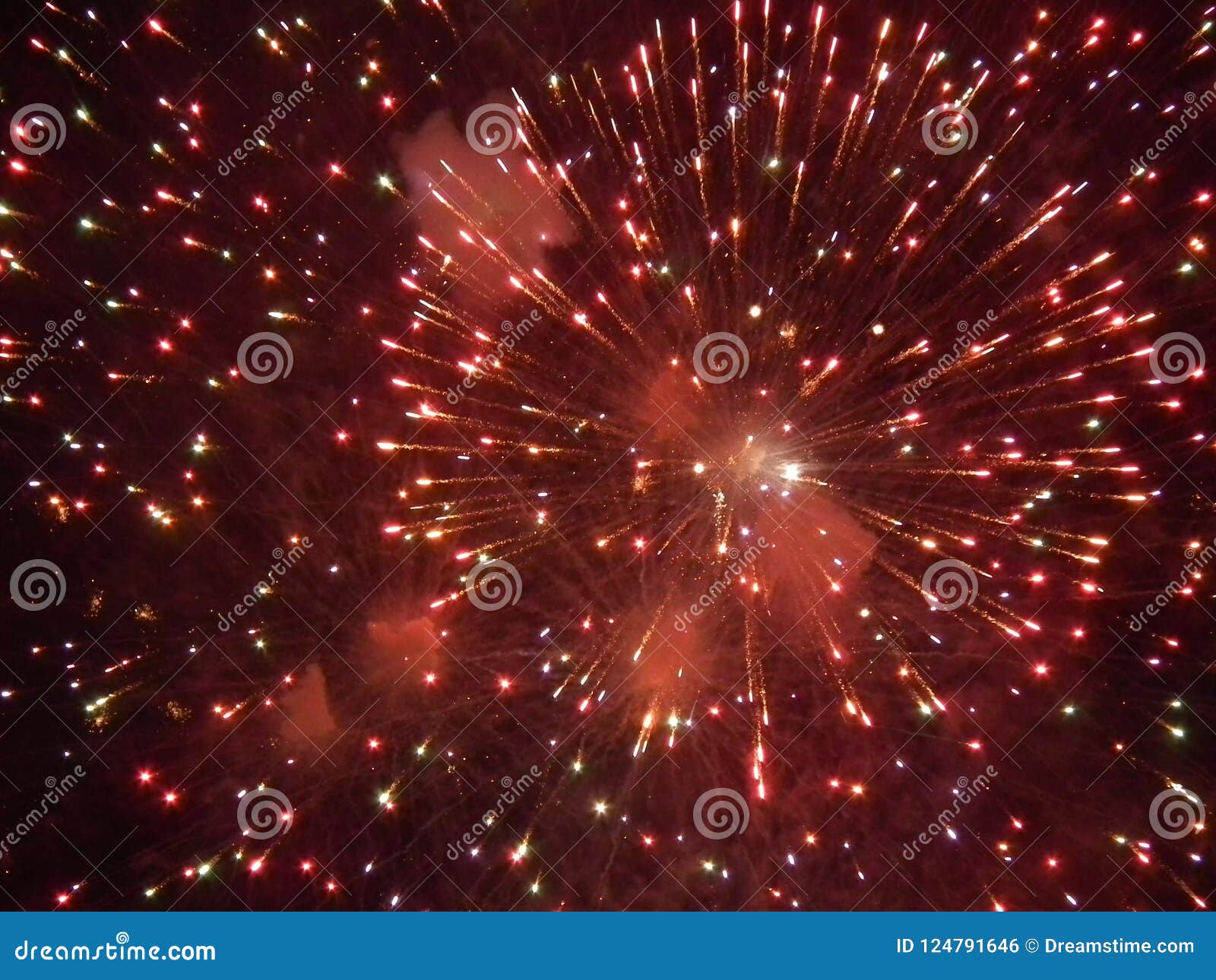 Beautiful Fireworks Dark Night Sky Red Light Fire Stock Photo - Image ...