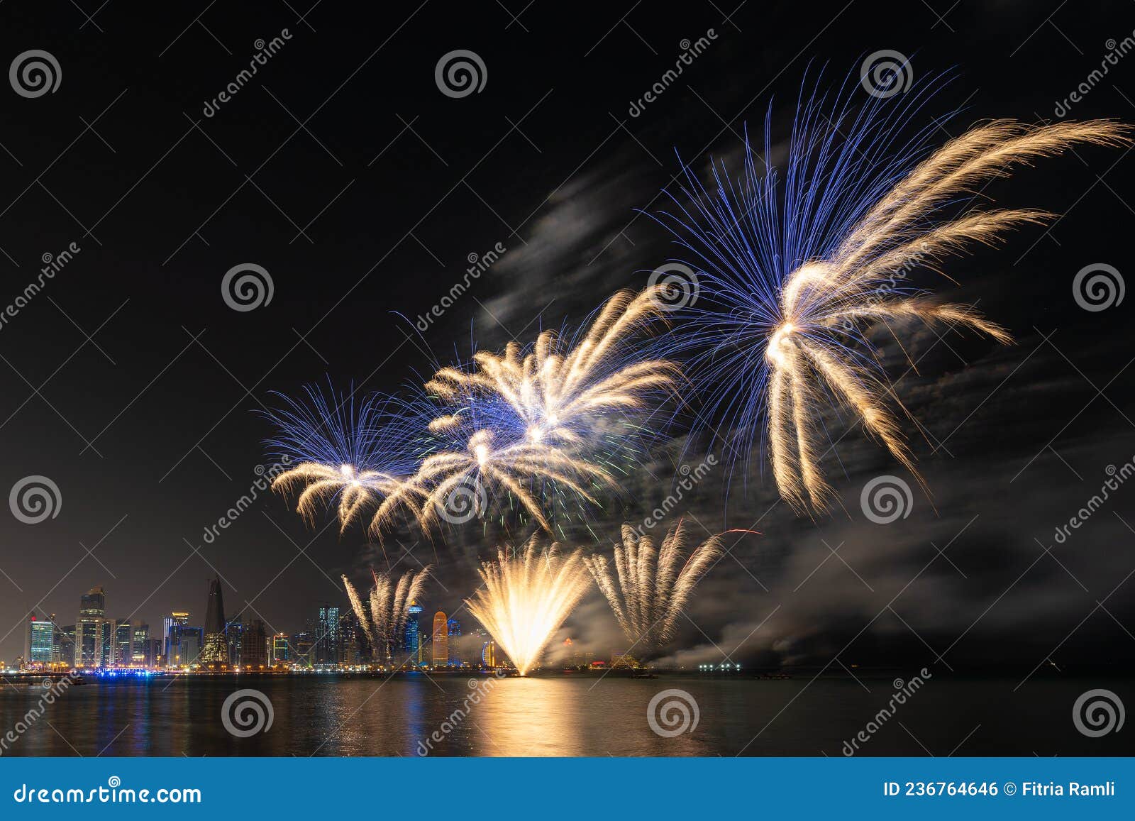 Fireworks in the Doha Corniche, Doha, Qatar. Stock Photo - Image of ...