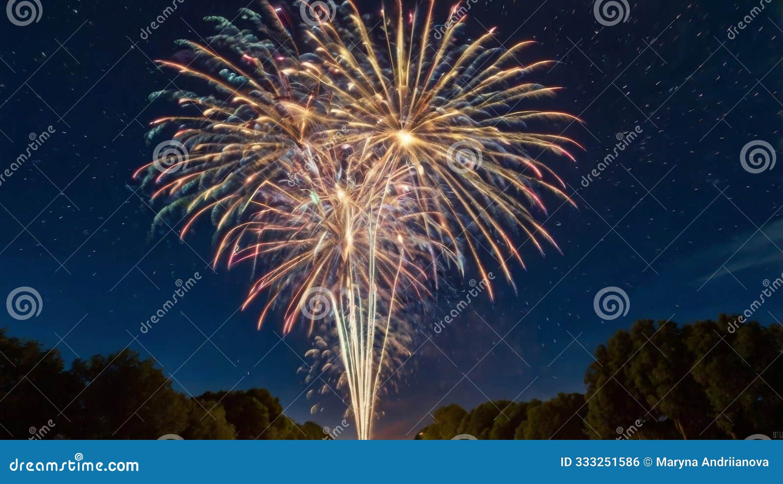 Colorful Fireworks Exploding in the Night Sky Above Trees Stock Photo ...