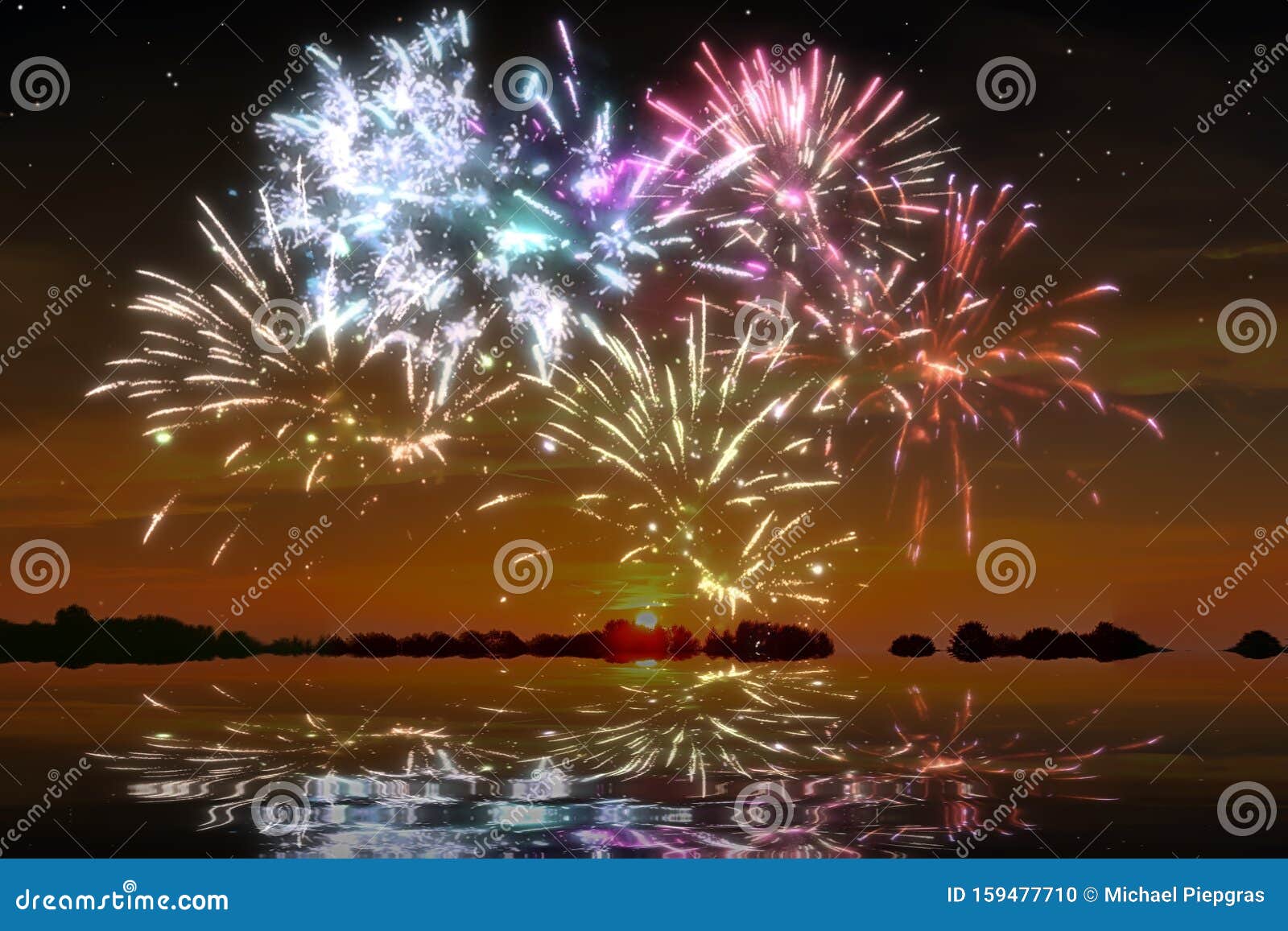 Beautiful Fireworks in Front of a Sunset at the Beach Stock Photo ...