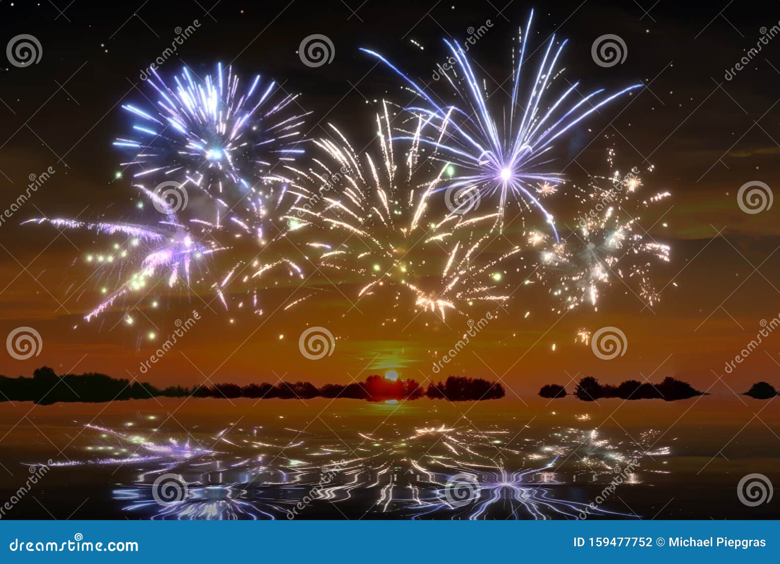 Beautiful Fireworks in Front of a Sunset at the Beach Stock Photo ...