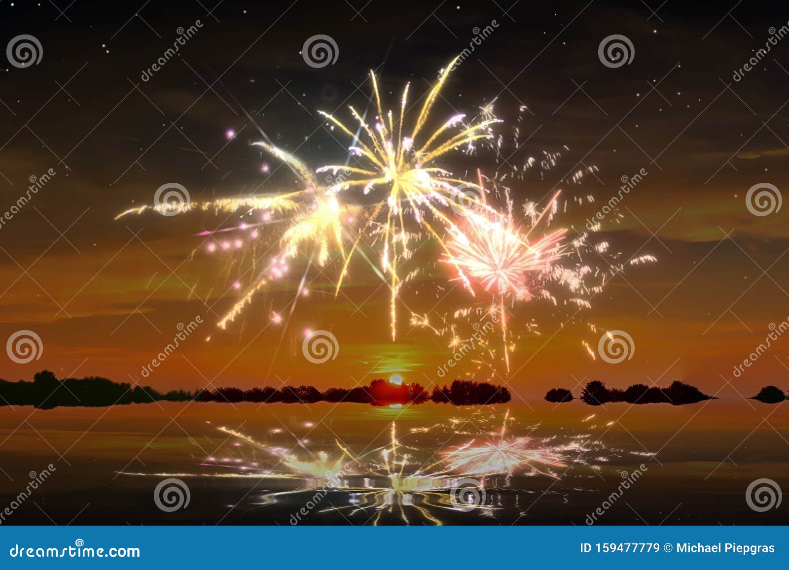 Beautiful Fireworks in Front of a Sunset at the Beach Stock Image ...