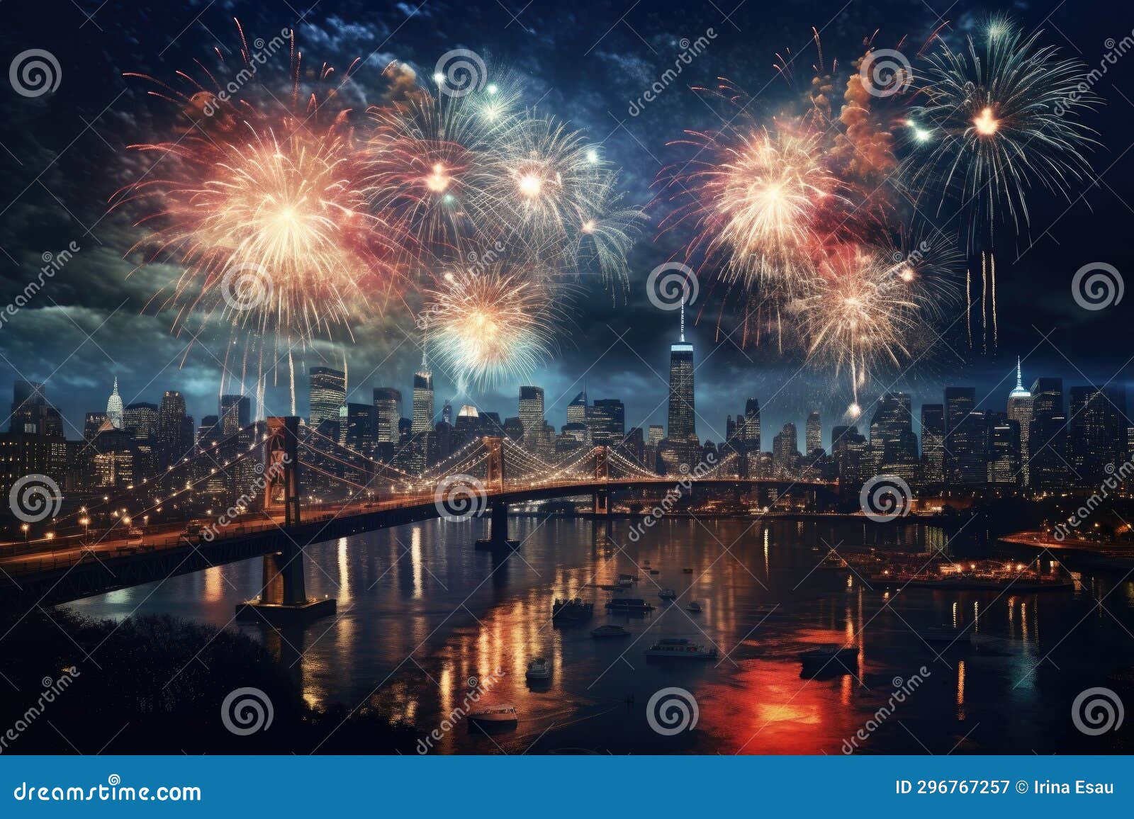 Beautiful Fireworks Over the City Stock Image - Image of water ...