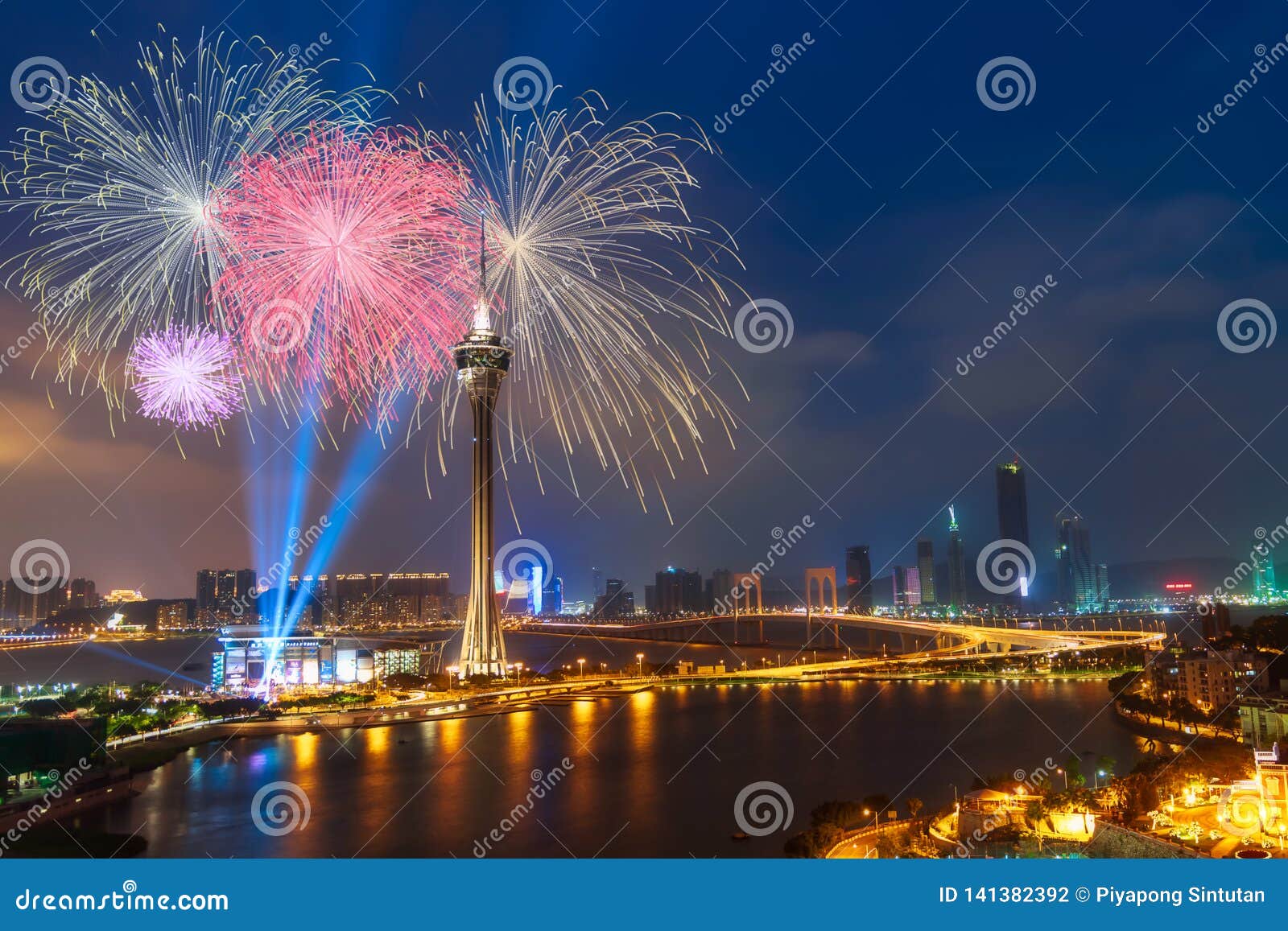 Beautiful Fireworks Over Macau Tower at Night in Macau,China Stock ...