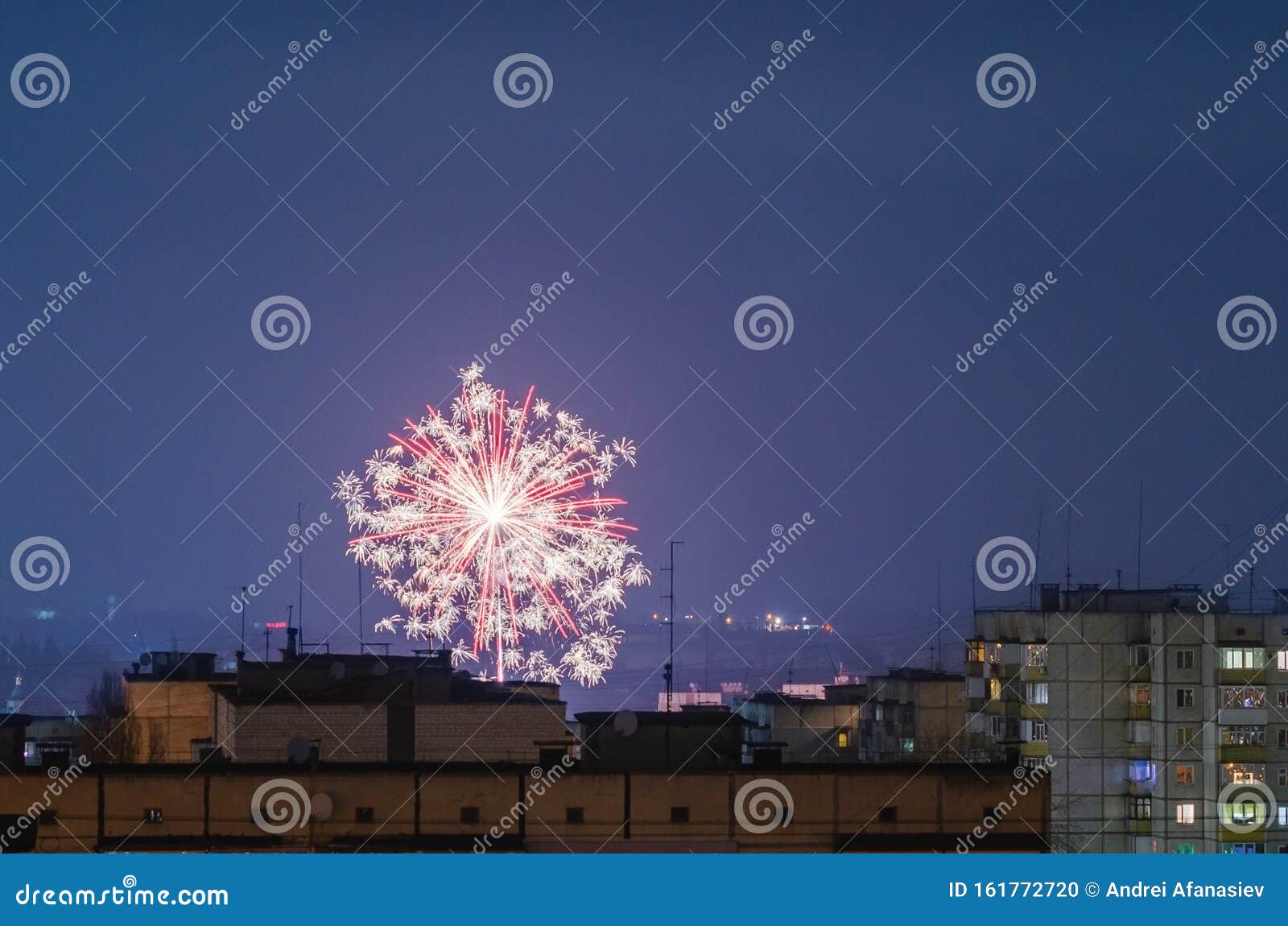 Beautiful Fireworks Over the Roofs of Houses Stock Photo - Image of ...