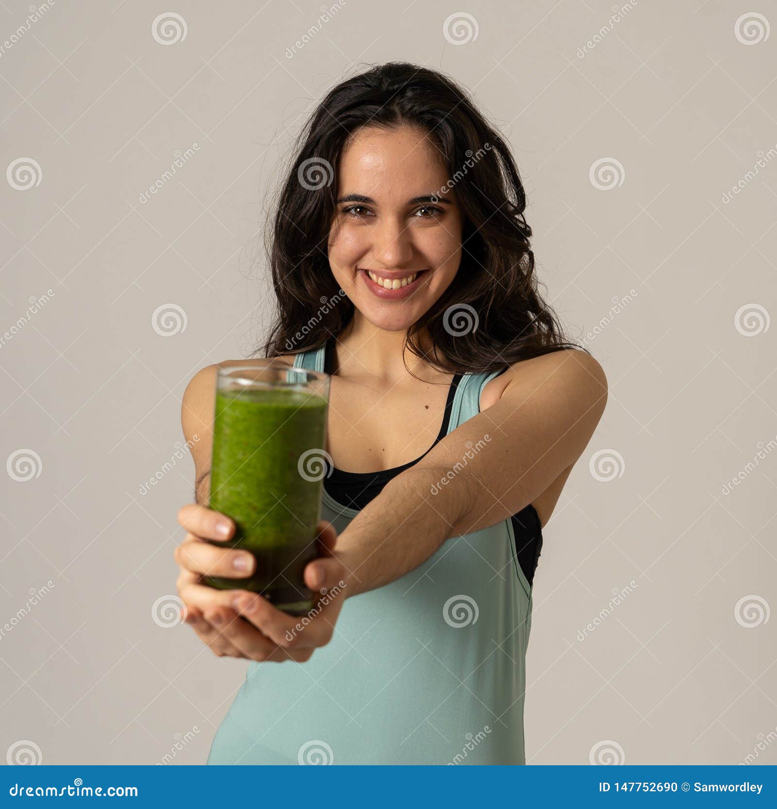 Beautiful Fit Sport Latin Woman Drinking Healthy Fresh Vegetable