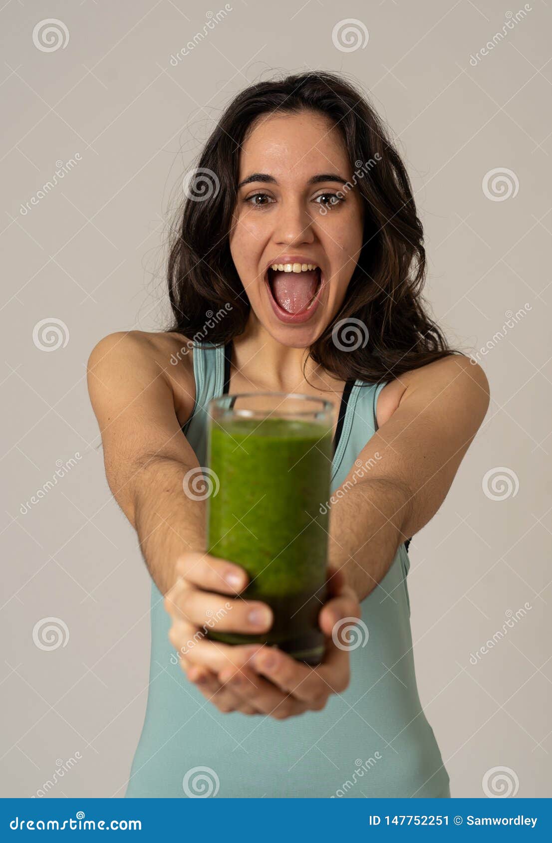 Beautiful Fit Sport Latin Woman Drinking Healthy Fresh Vegetable