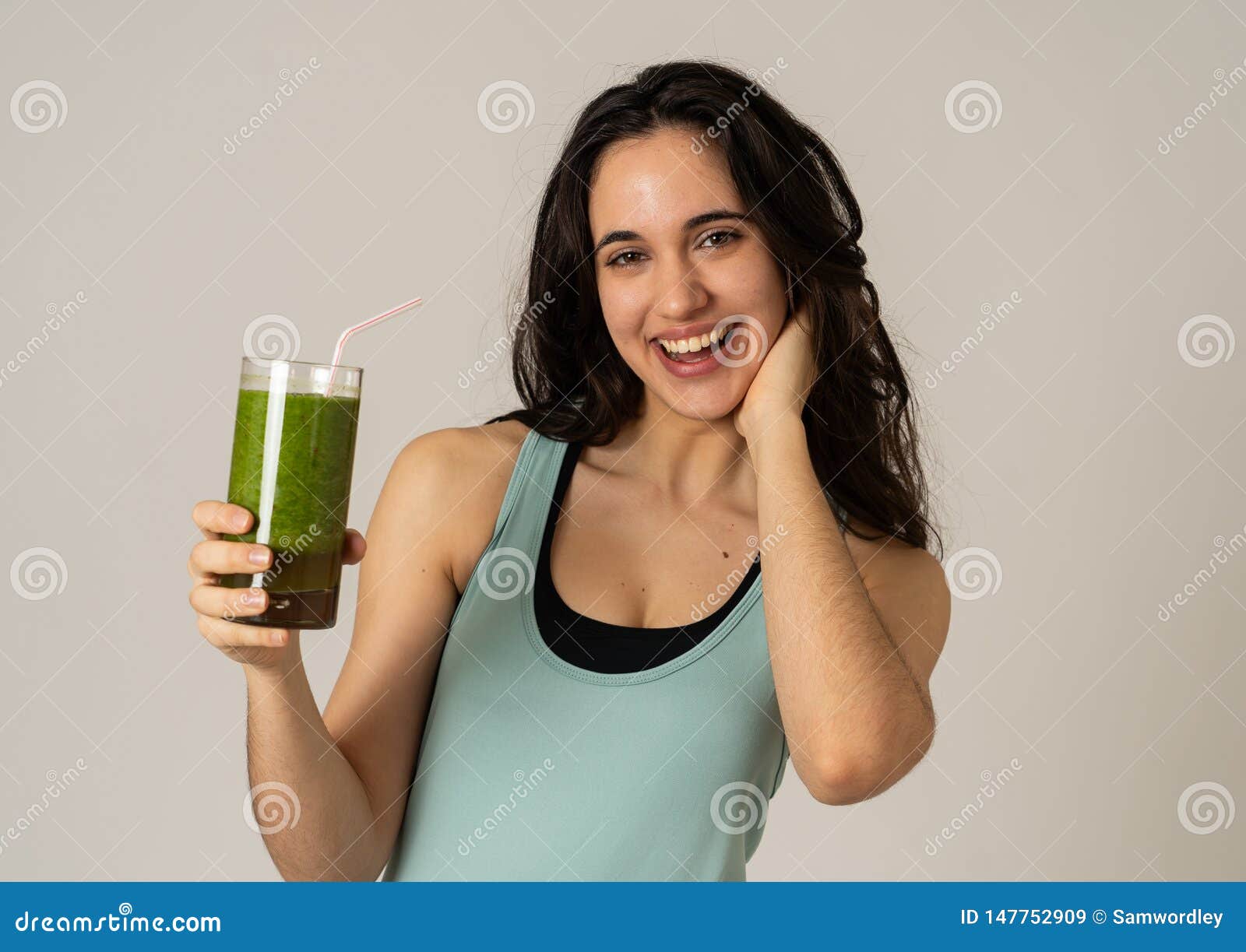 Beautiful Fit Sport Latin Woman Drinking Healthy Fresh Vegetable