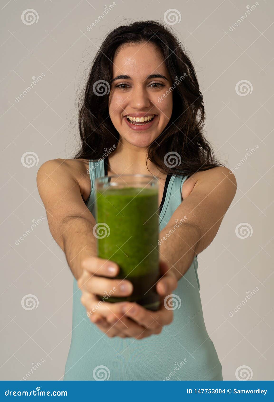 Beautiful Fit Sport Latin Woman Drinking Healthy Fresh Vegetable