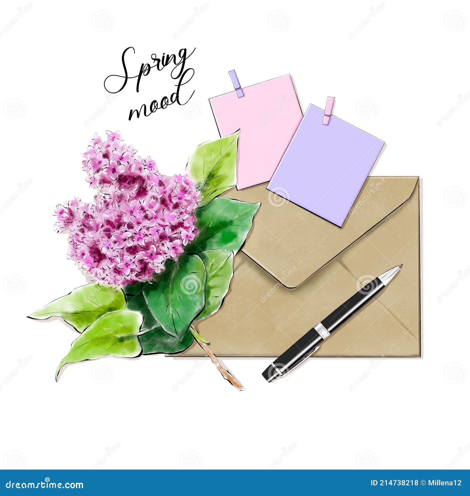 Beautiful Flat Lay Set with Lilac, Envelope, Pen, Stickers. Stock Photo ...