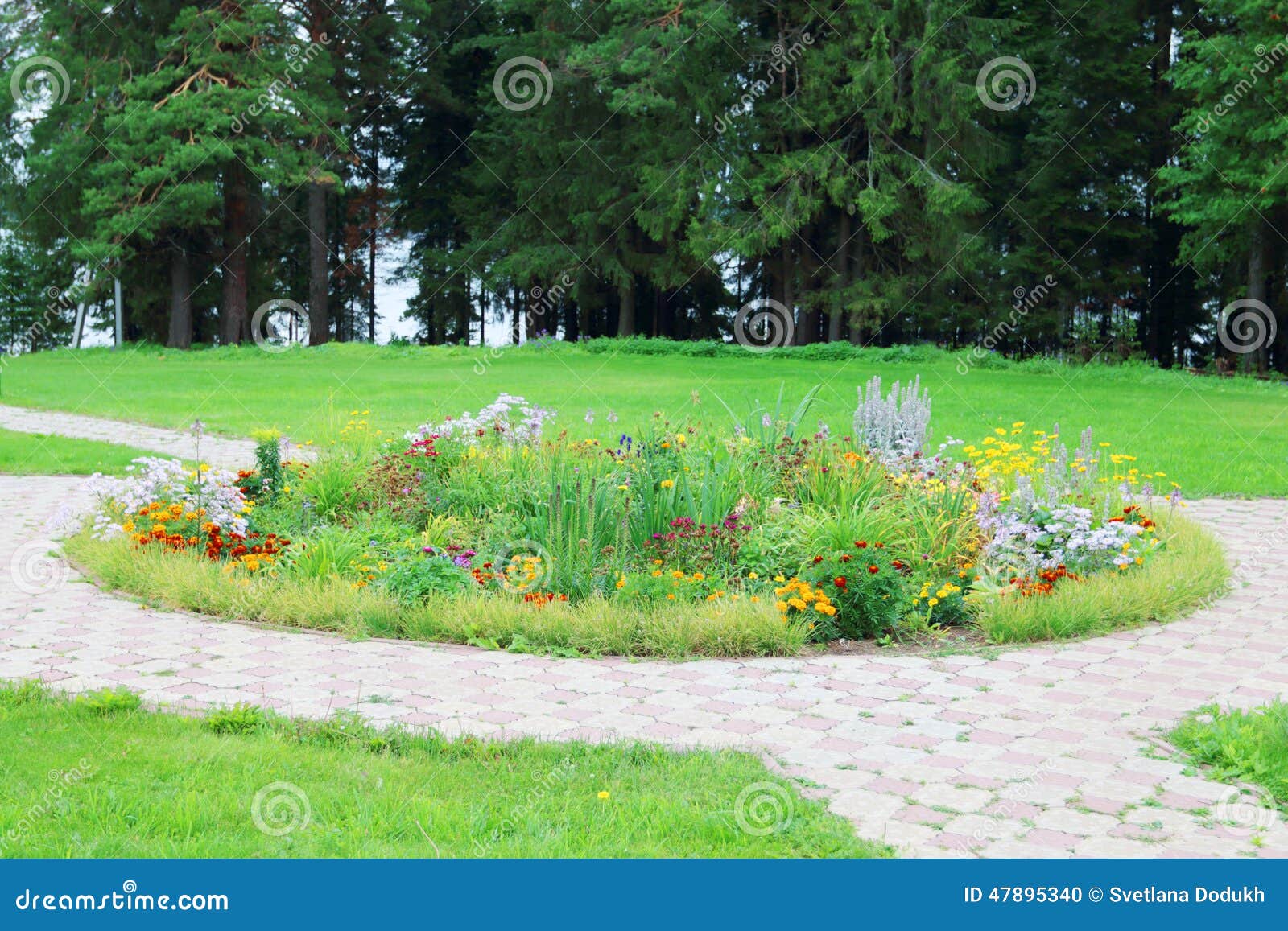 Beautiful Flower Bed in Park with Paved Paths Stock Photo - Image of ...