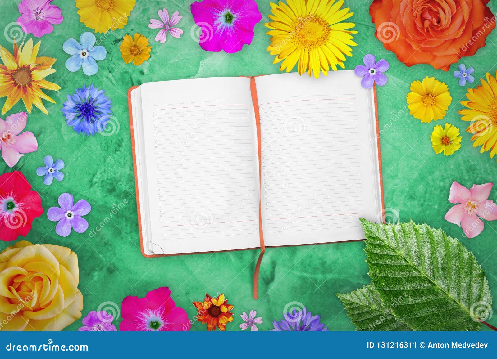 Beautiful Flower Frame with Notebook in Center on Blue Decorative ...