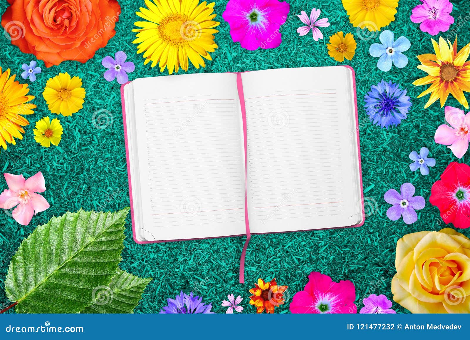 Beautiful Flower Frame with Notebook in Center on Light Blue Particle ...