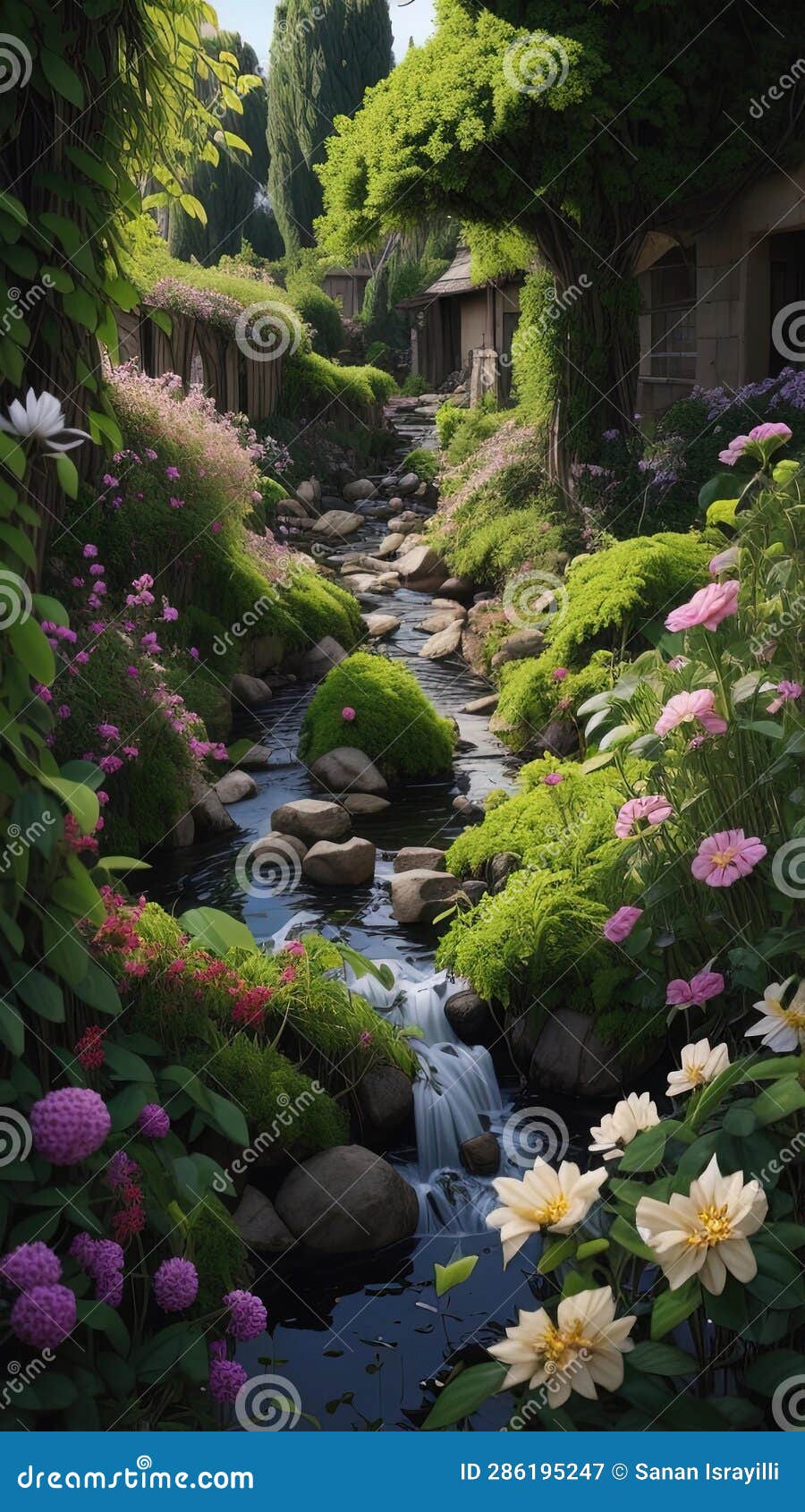 Beautiful Flower Garden in the Garden with a Pond and a Waterfall ...