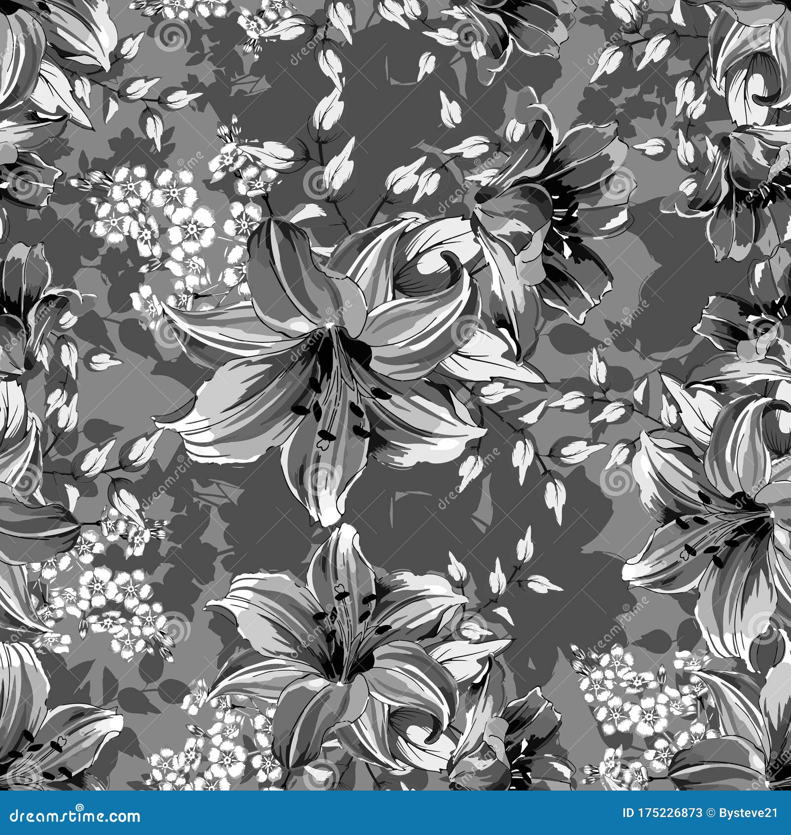 Beautiful Flower and Leaves Grey Colored Style Garden Flower Seamless ...