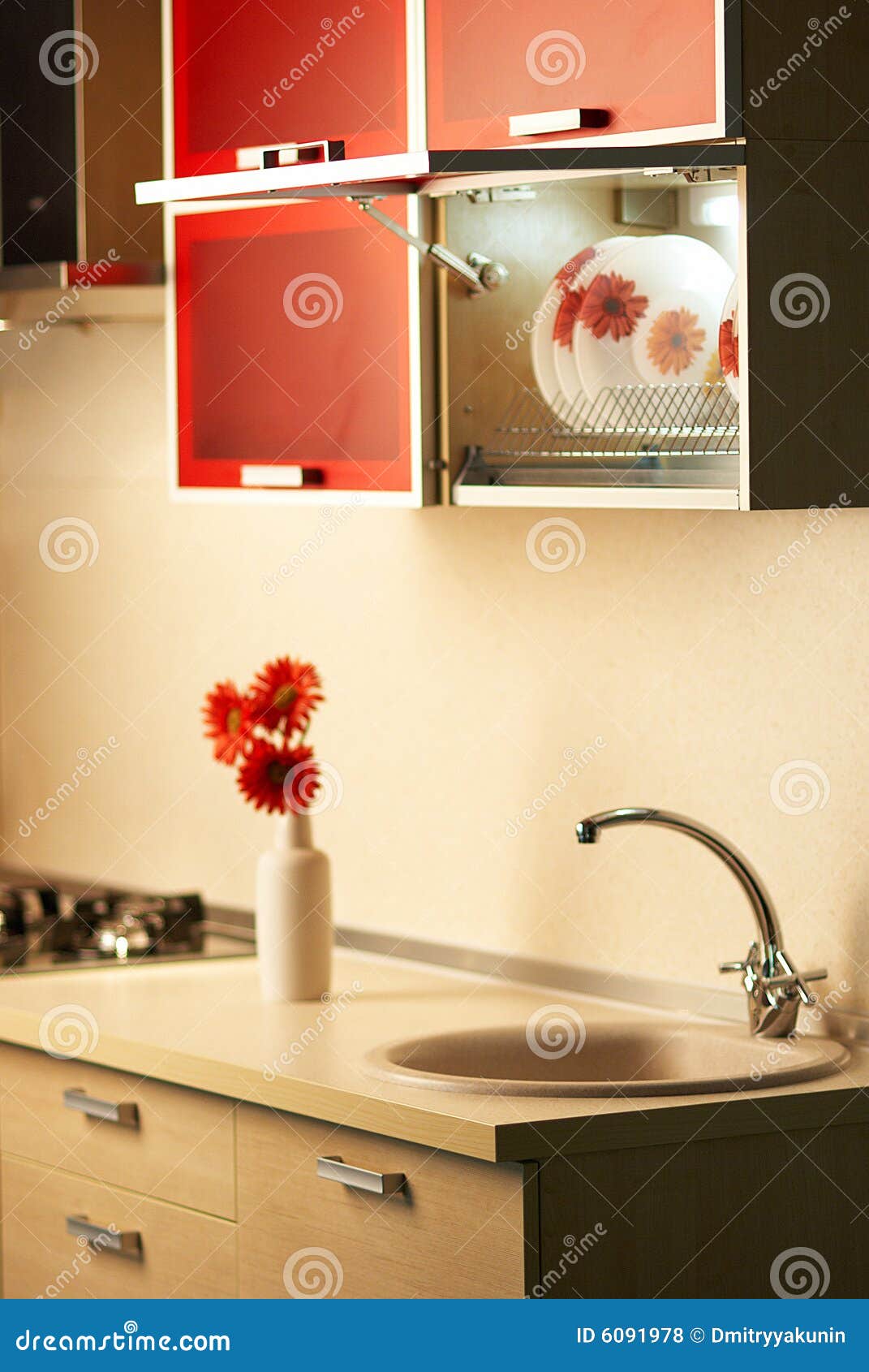 Beautiful Flower on Table in Modern Kitchen Stock Photo - Image of ...