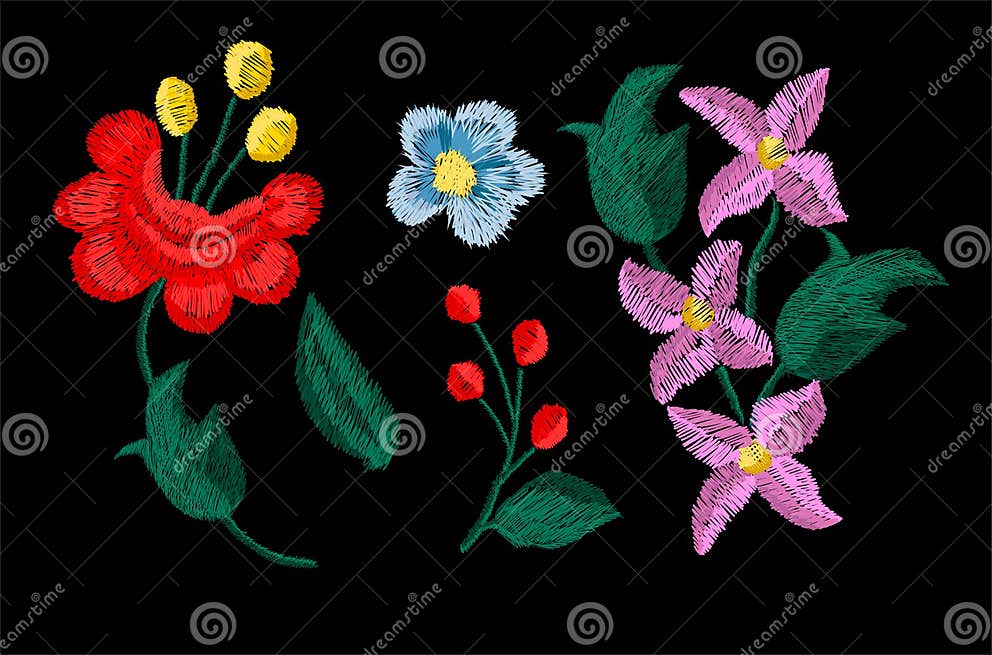 Beautiful Flowers Embroidery Vector for Textile Design Elements Stock ...