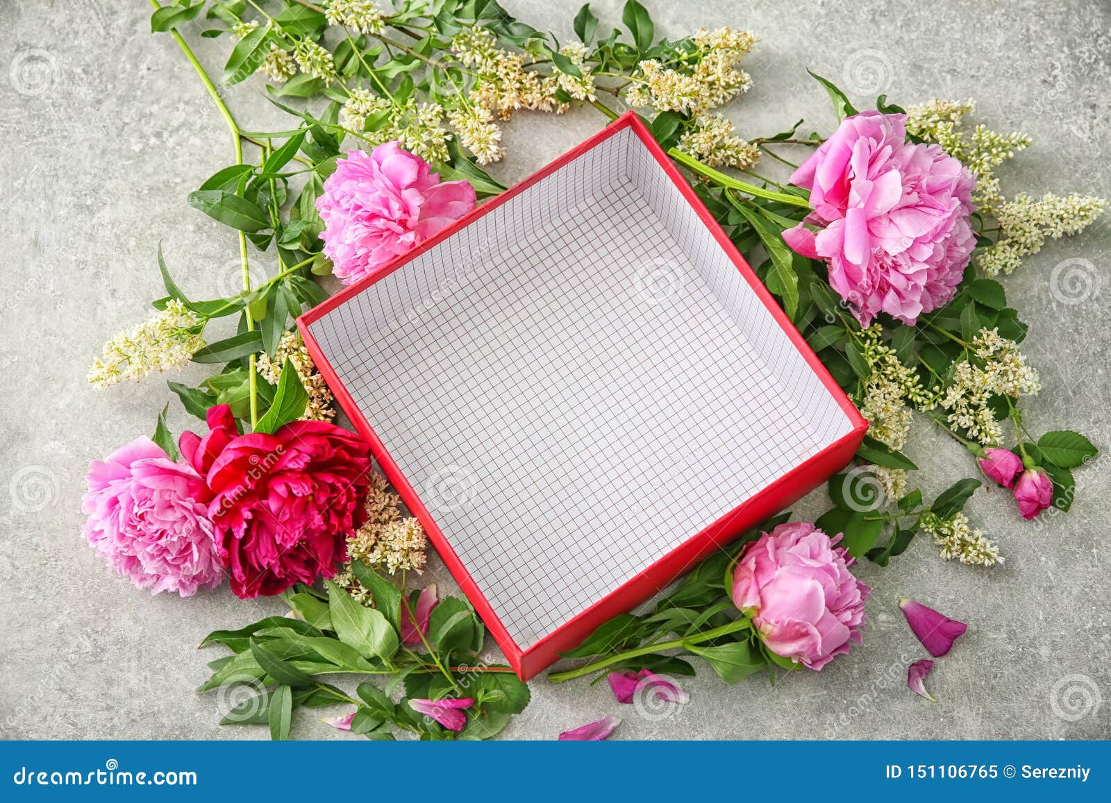 Beautiful Flowers and Empty Box on Light Background Stock Image - Image ...