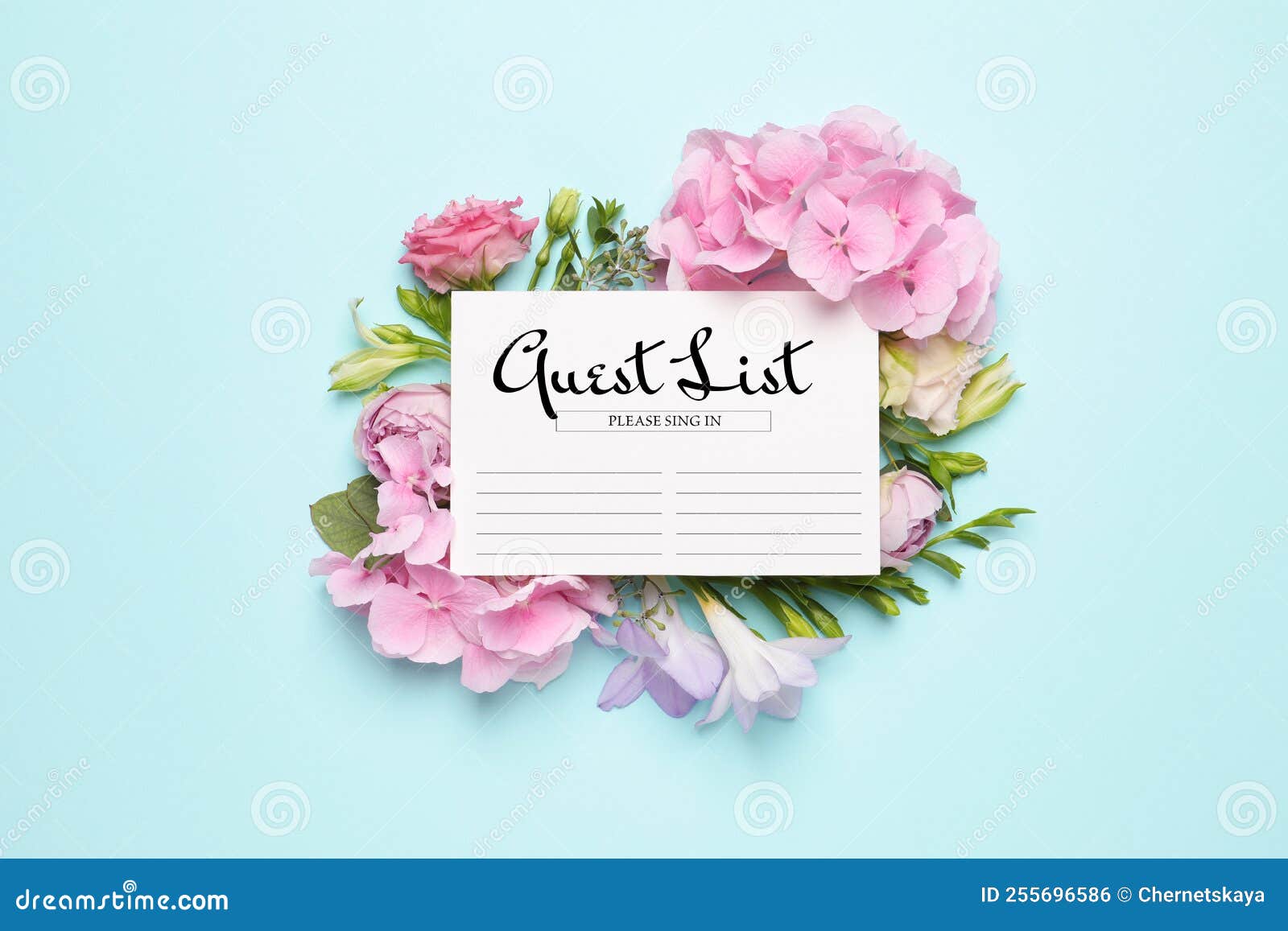 Beautiful Flowers and Guest List on Light Blue Background, Flat Lay ...