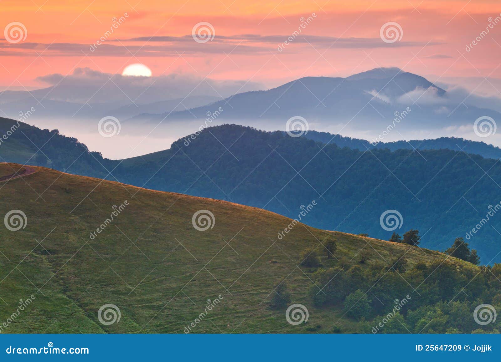 Beautiful foggy sunset stock image. Image of daybreak - 25647209