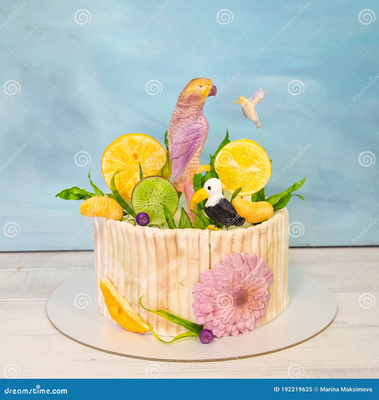 A Beautiful Fondant Cake with Parrot and Tropical Fruit Stock Image ...