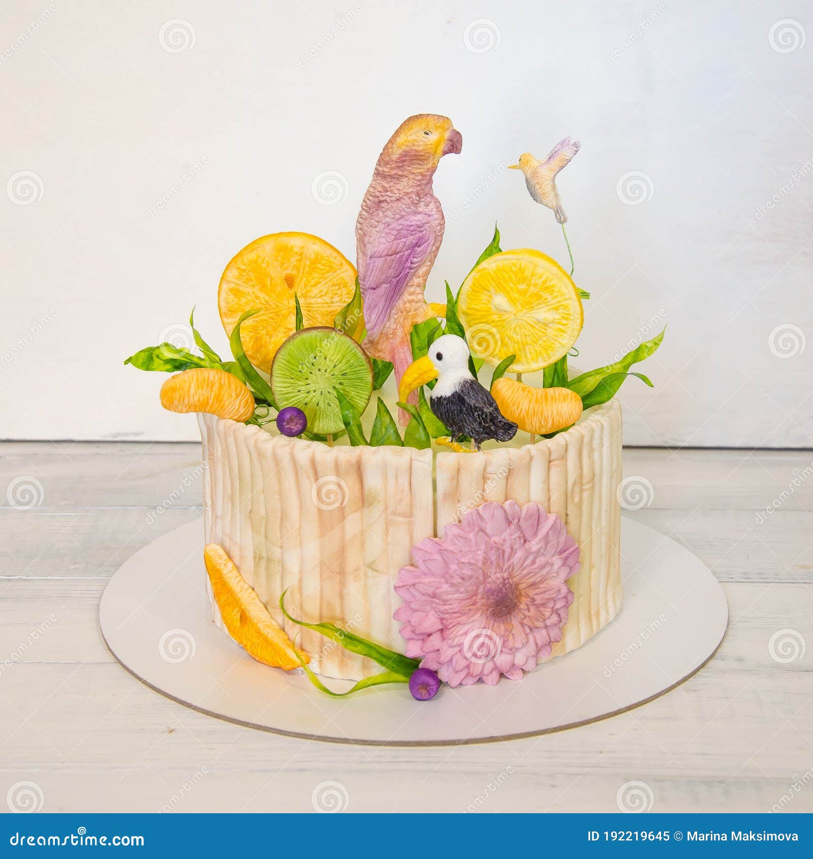 A Beautiful Fondant Cake with Parrot and Tropical Fruit Stock Image ...