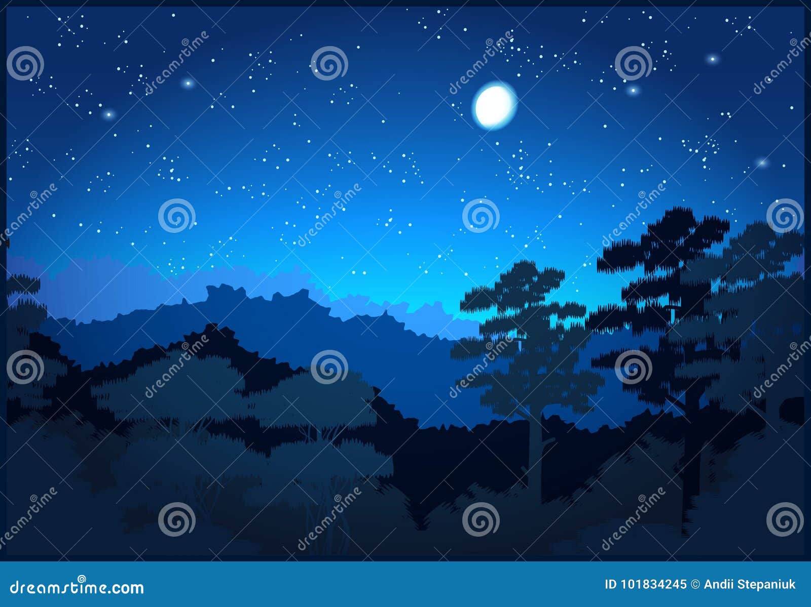 Beautiful forest at night stock vector. Illustration of starry - 101834245