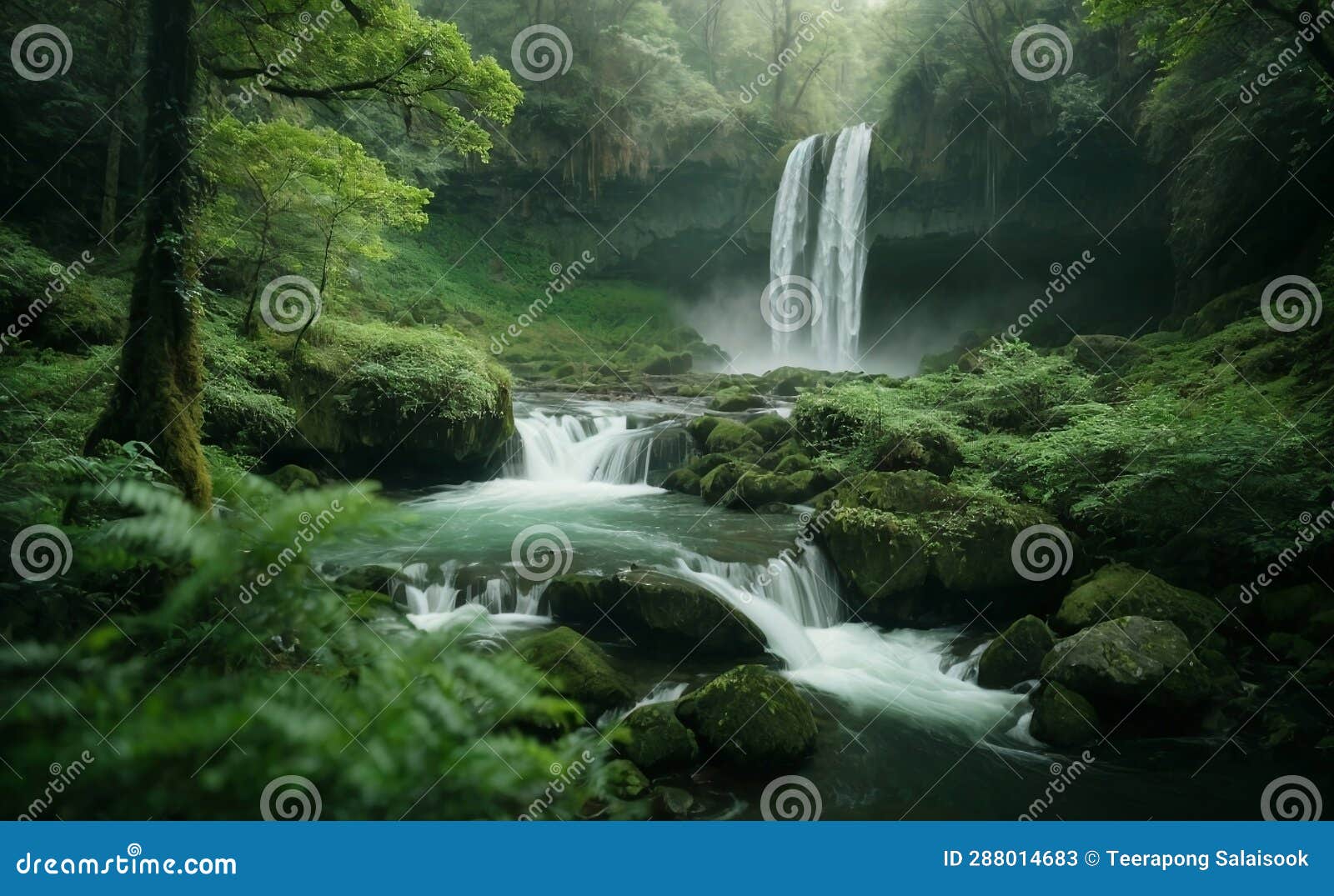 A Beautiful Forest with Waterfall and Plants Stock Illustration ...