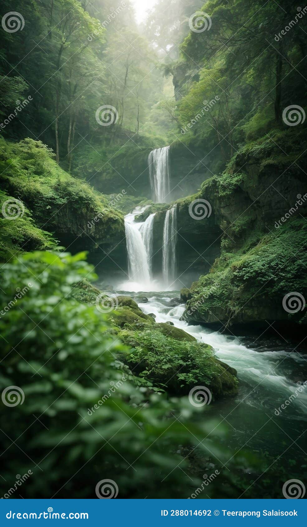 A Beautiful Forest with Waterfall and Plants Stock Illustration ...