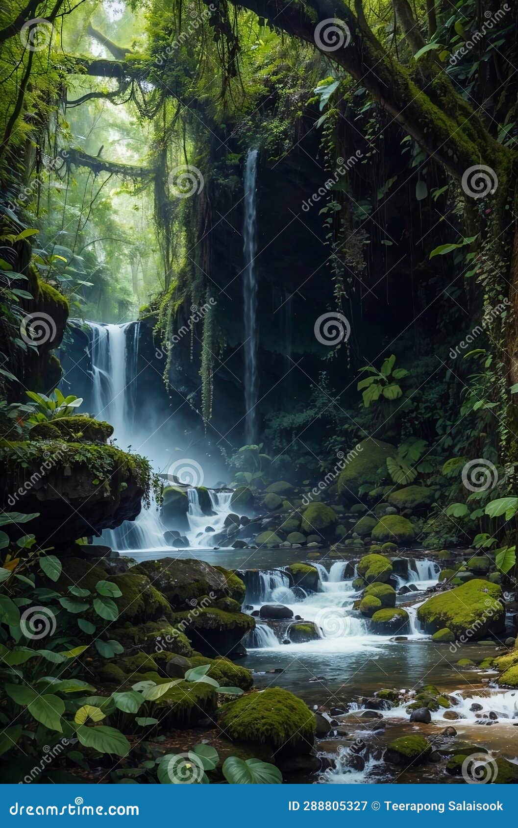 A Beautiful Forest with Waterfall and Plants Stock Illustration ...