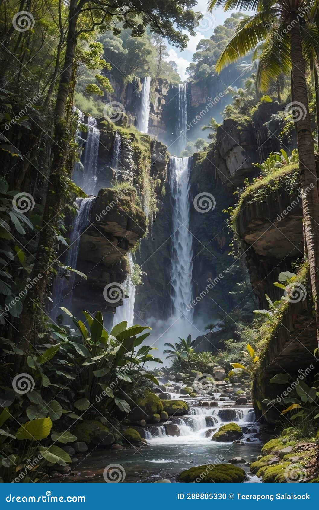 A Beautiful Forest with Waterfall and Plants Stock Illustration ...