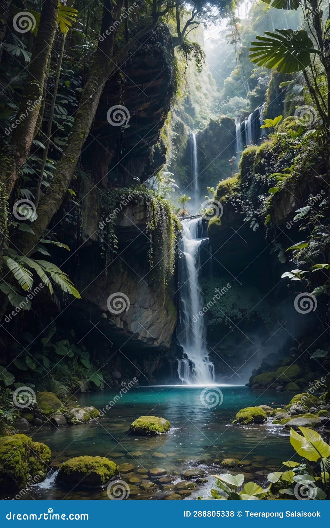A Beautiful Forest with Waterfall and Plants Stock Illustration ...