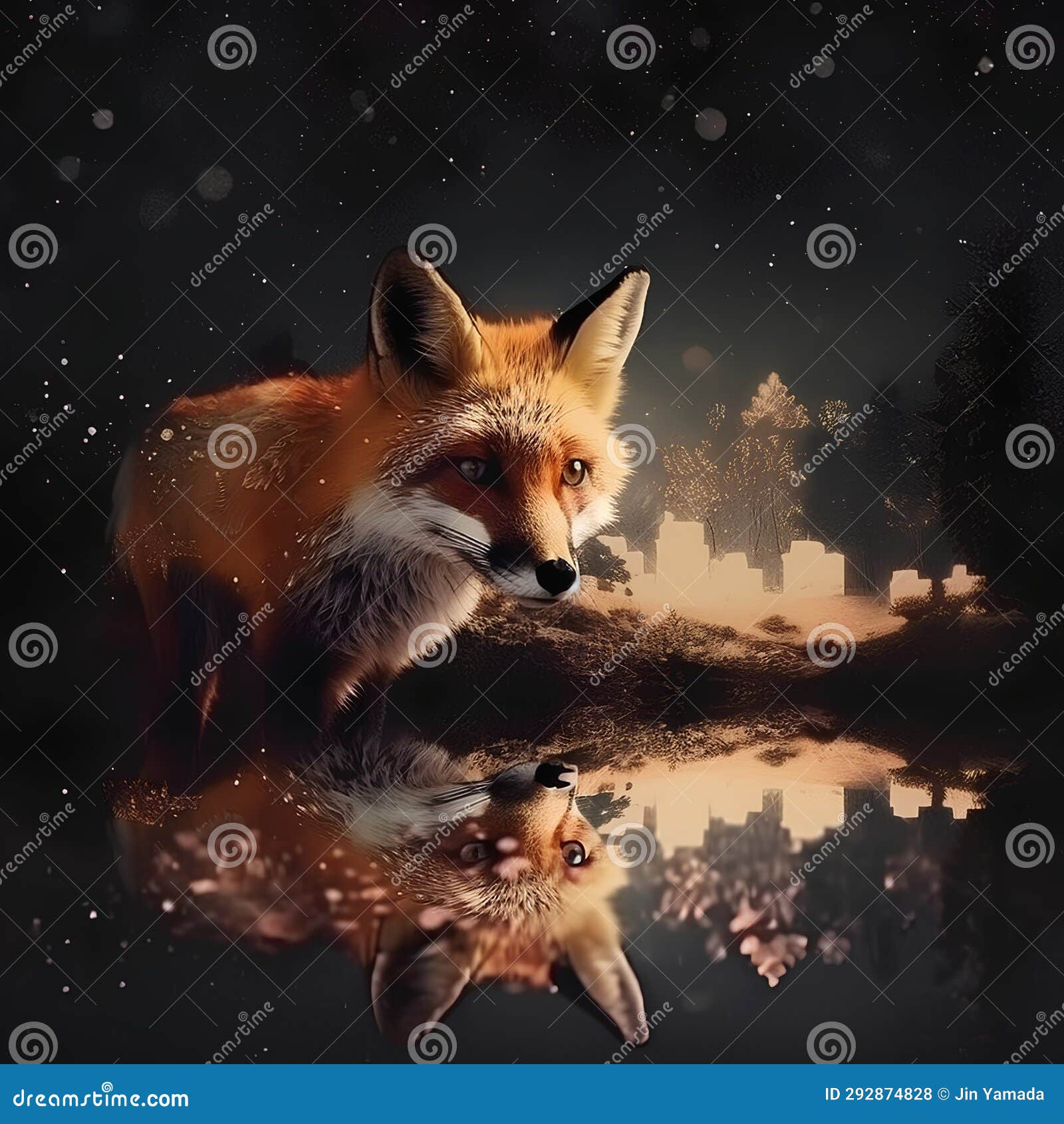 Beautiful Fox in the Forest at Night with Reflection in Water. Stock ...