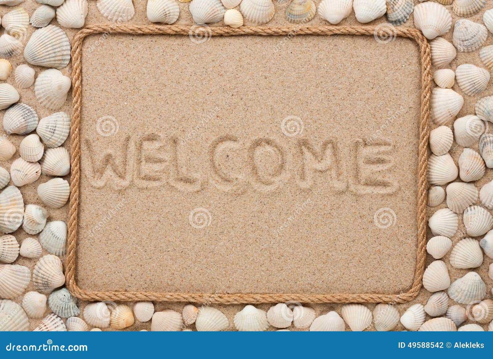 Beautiful Frame of Rope and Sea Shells on the Sand with Text Welcome ...