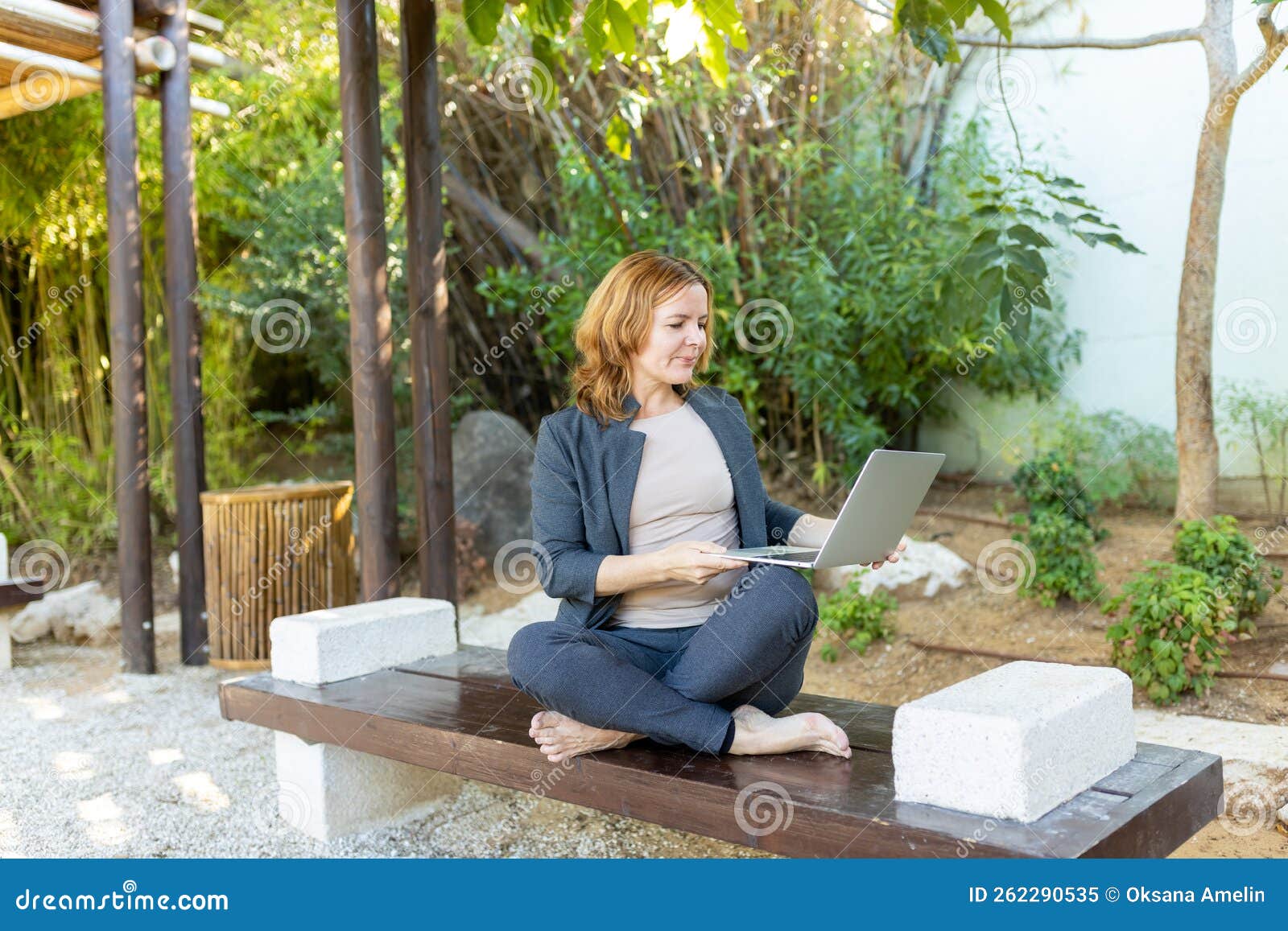 A Beautiful Freelancer Woman Works at the Park Stock Image - Image of ...