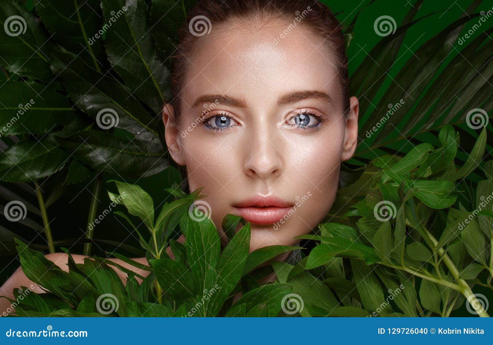 Beautiful Fresh Girl With Perfect Skin Natural Make Up And Green