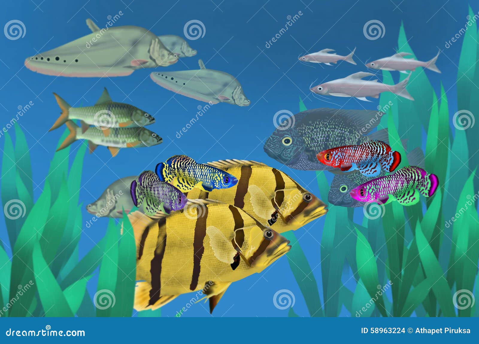 Siamese Tigerfish Cartoon Watercolor Painting Illustration Design Hand ...