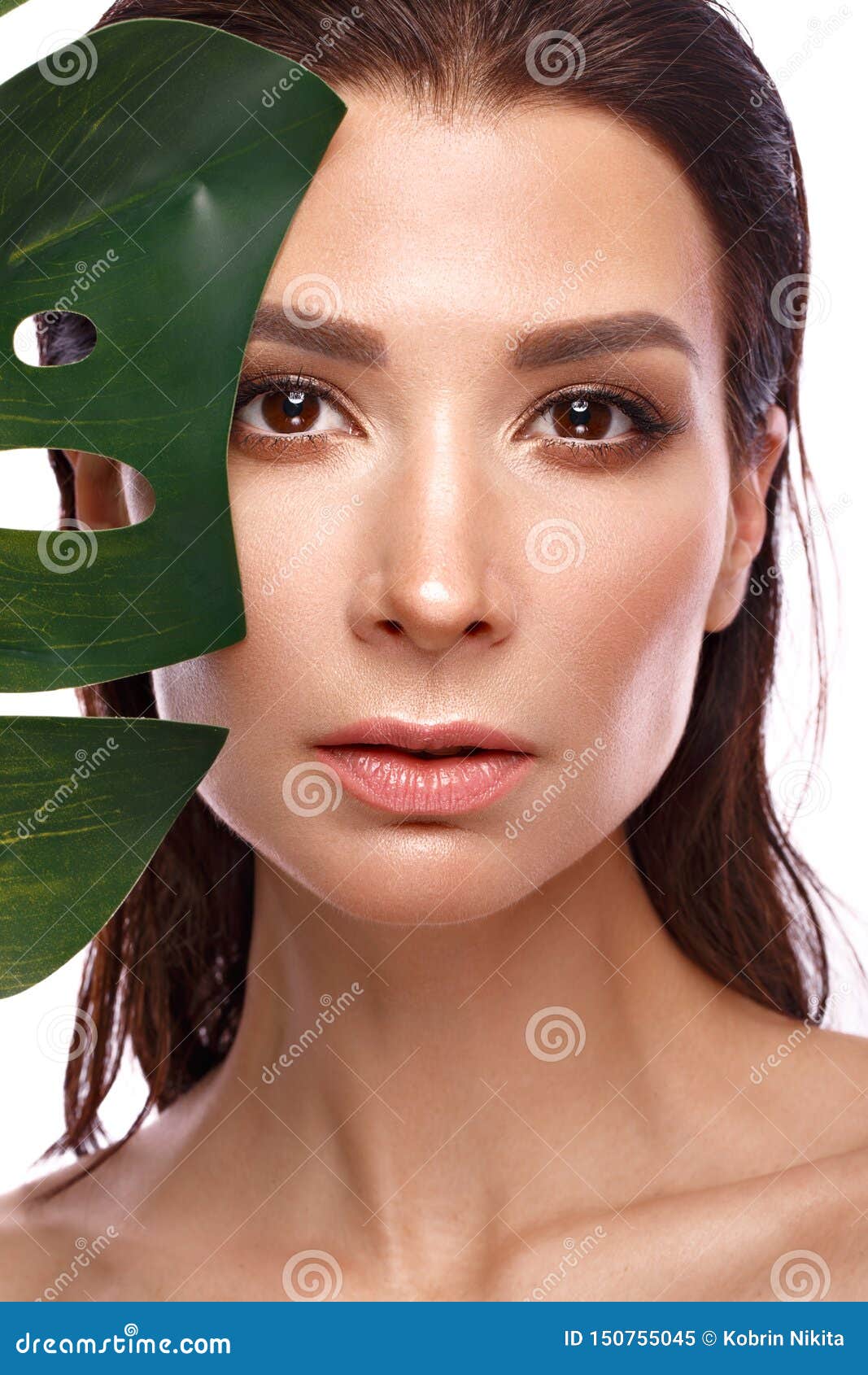 Beautiful Fresh Woman With Perfect Skin Natural Make Up And Green