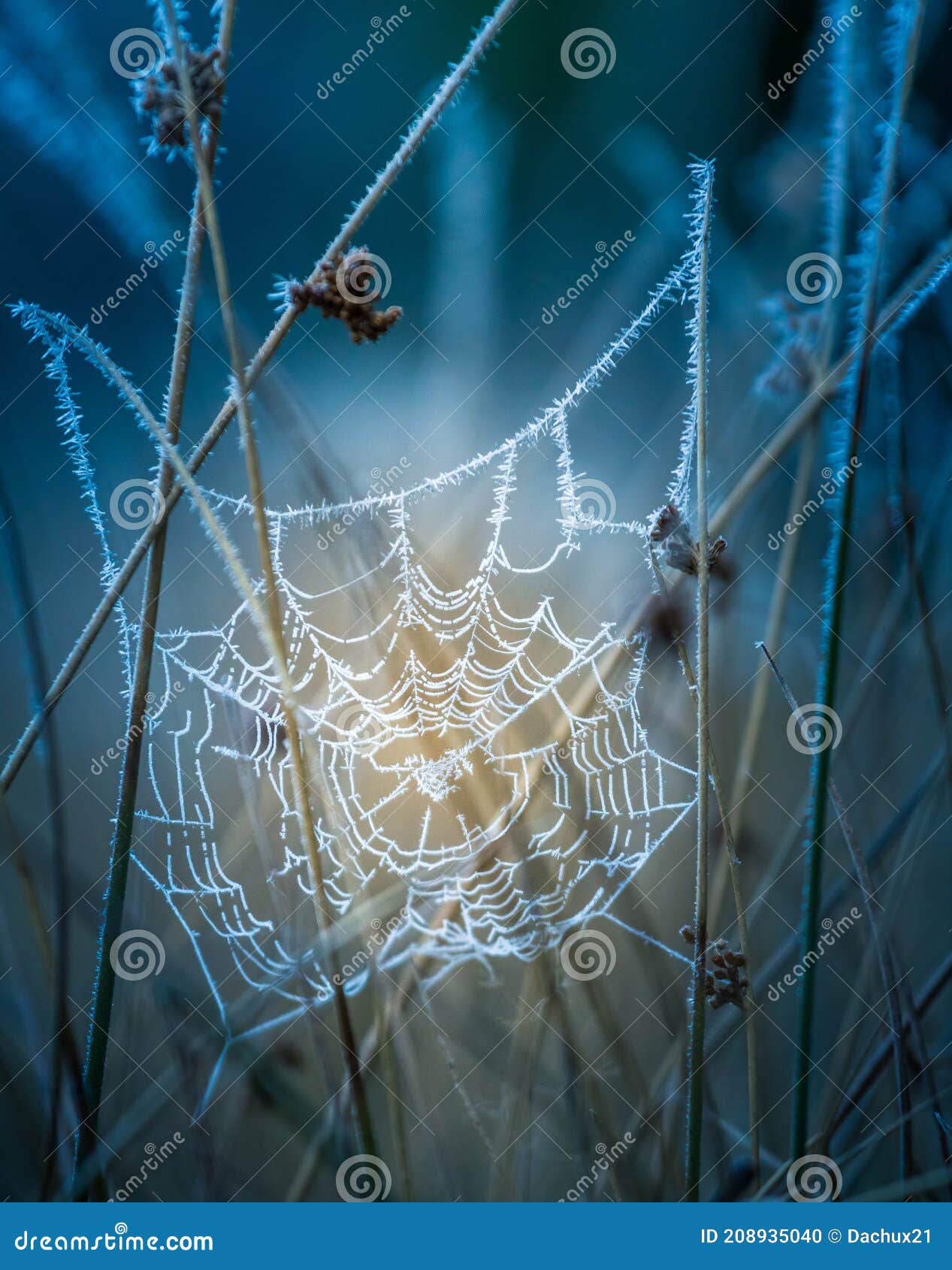 A Beautiful Frosted Spider Web In An Early Spring Mornig Cold Morning Scenery In A Meadow Ice