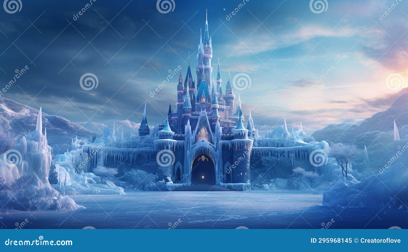 Beautiful Frozen Castle with Snow Fall Mountains Stock Illustration ...