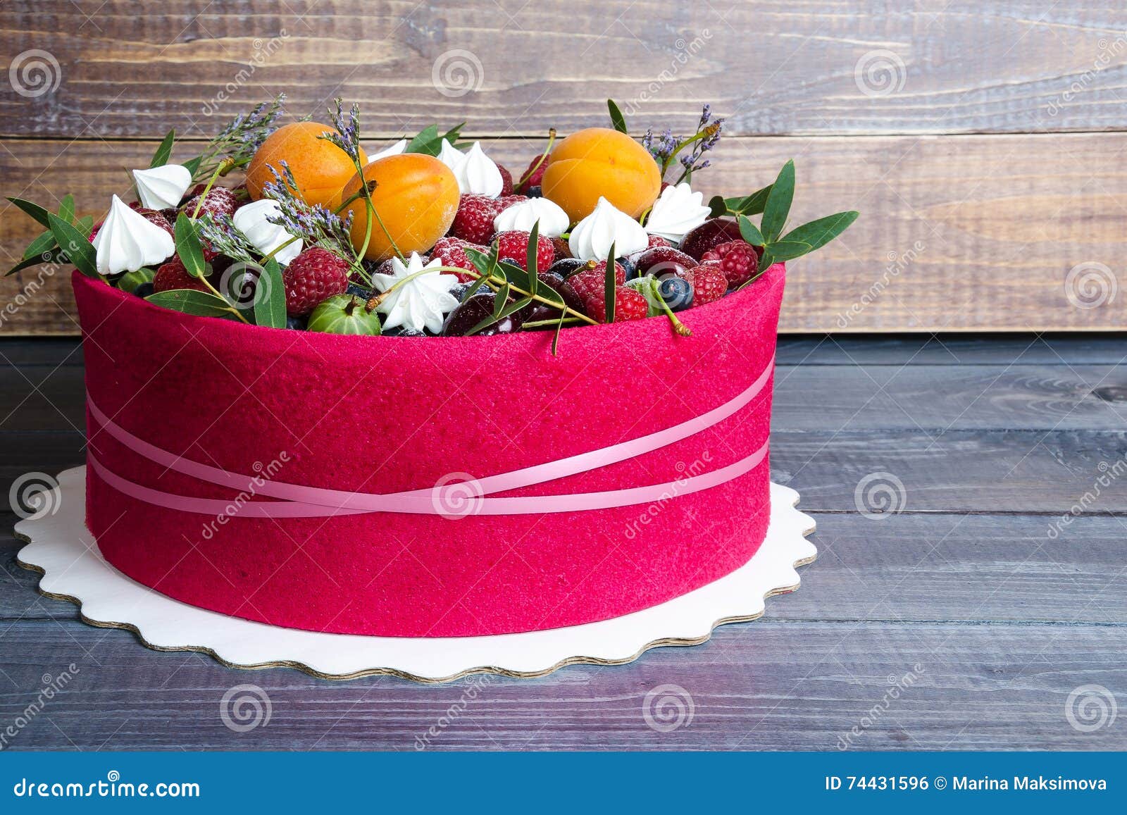 Beautiful Fruit Cake with a Pink Biscuit Around it Stock Photo - Image ...